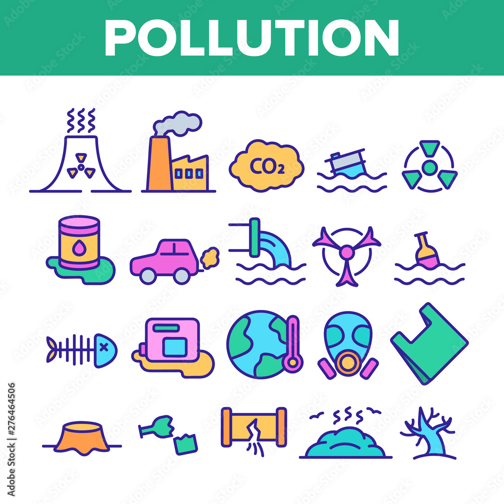 Pollution of Environment Vector Thin Line Icons Set. Air, Water, Soil ...