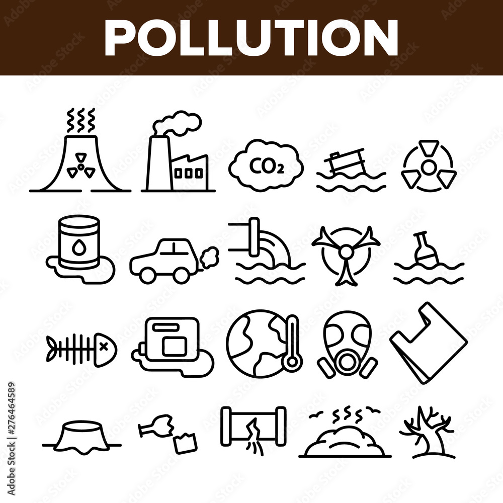 Pollution of Environment Vector Thin Line Icons Set. Air, Water, Soil ...