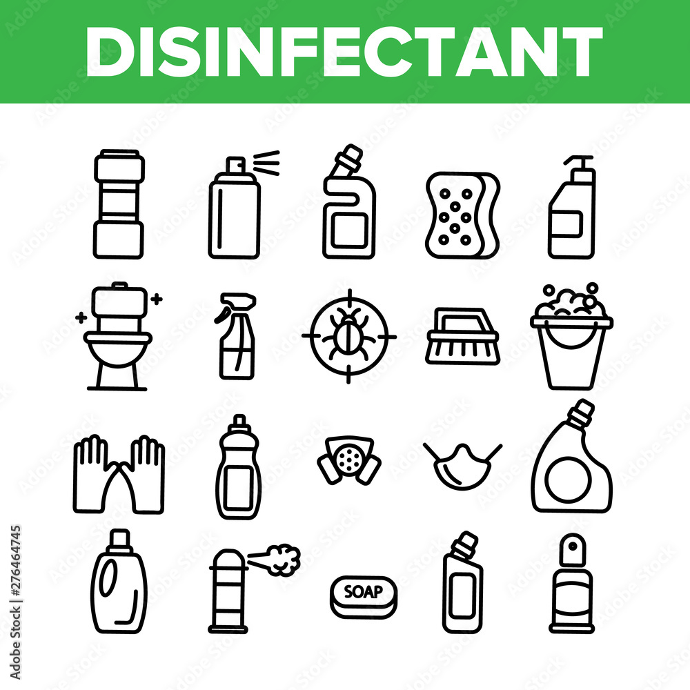 Disinfectant, Antibacterial Substance Vector Thin Line Icons Set ...