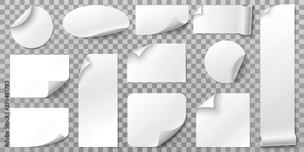 White paper stickers. Label sticker with curled corners, curve papers ...