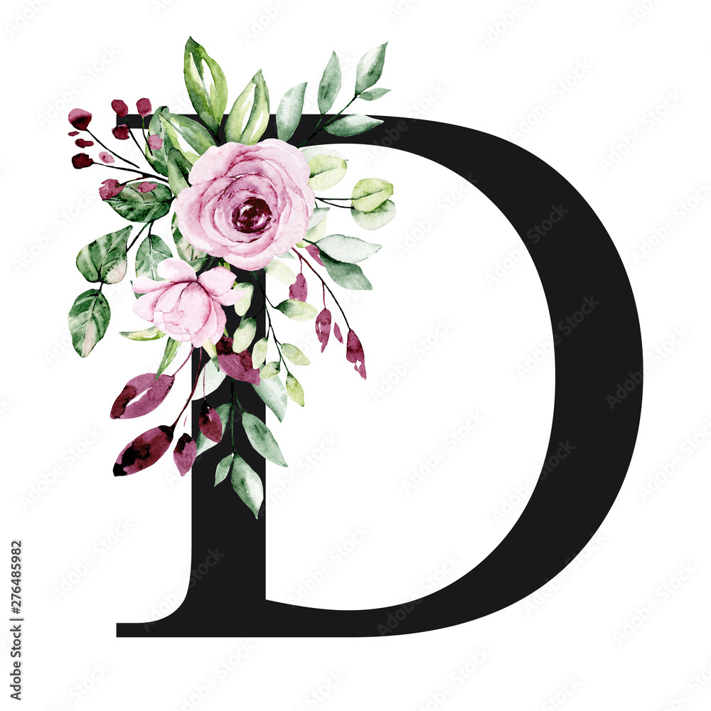 Floral alphabet, letter D with watercolor flowers and leaves. Monogram ...