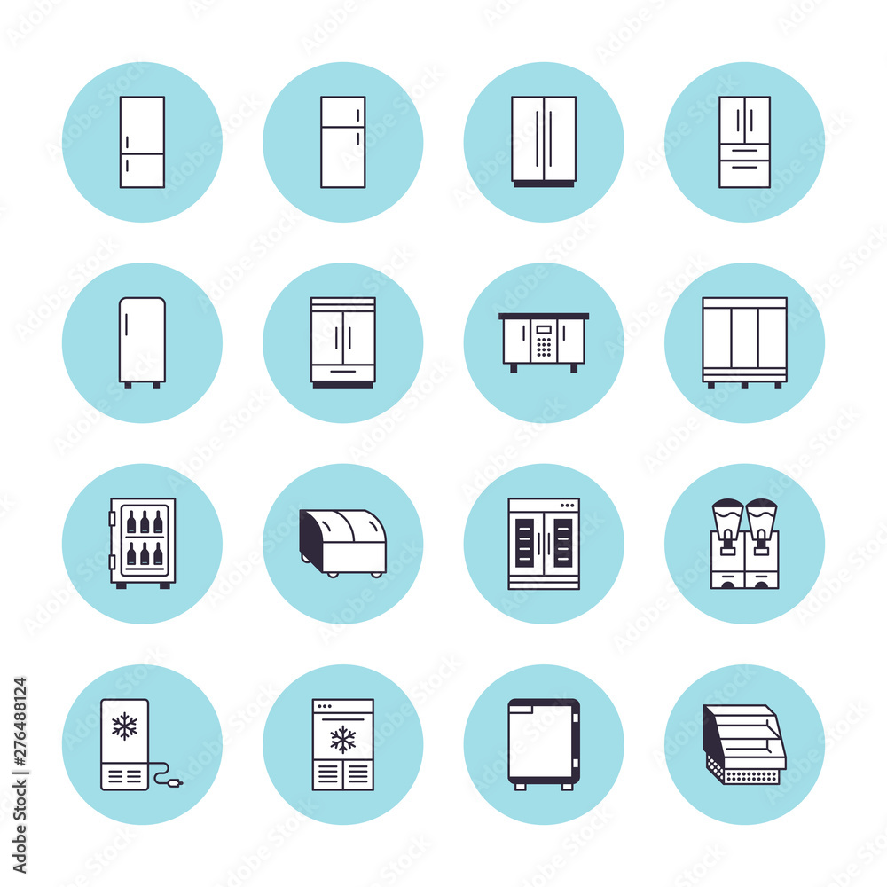 Refrigerators flat line icons. Fridge types, freezer, wine cooler ...