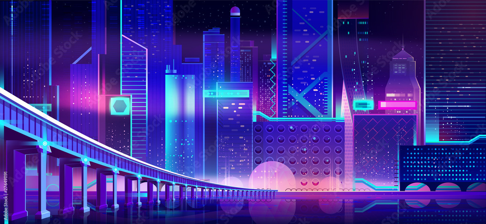 Future metropolis night downtown with highway bridge over river ...