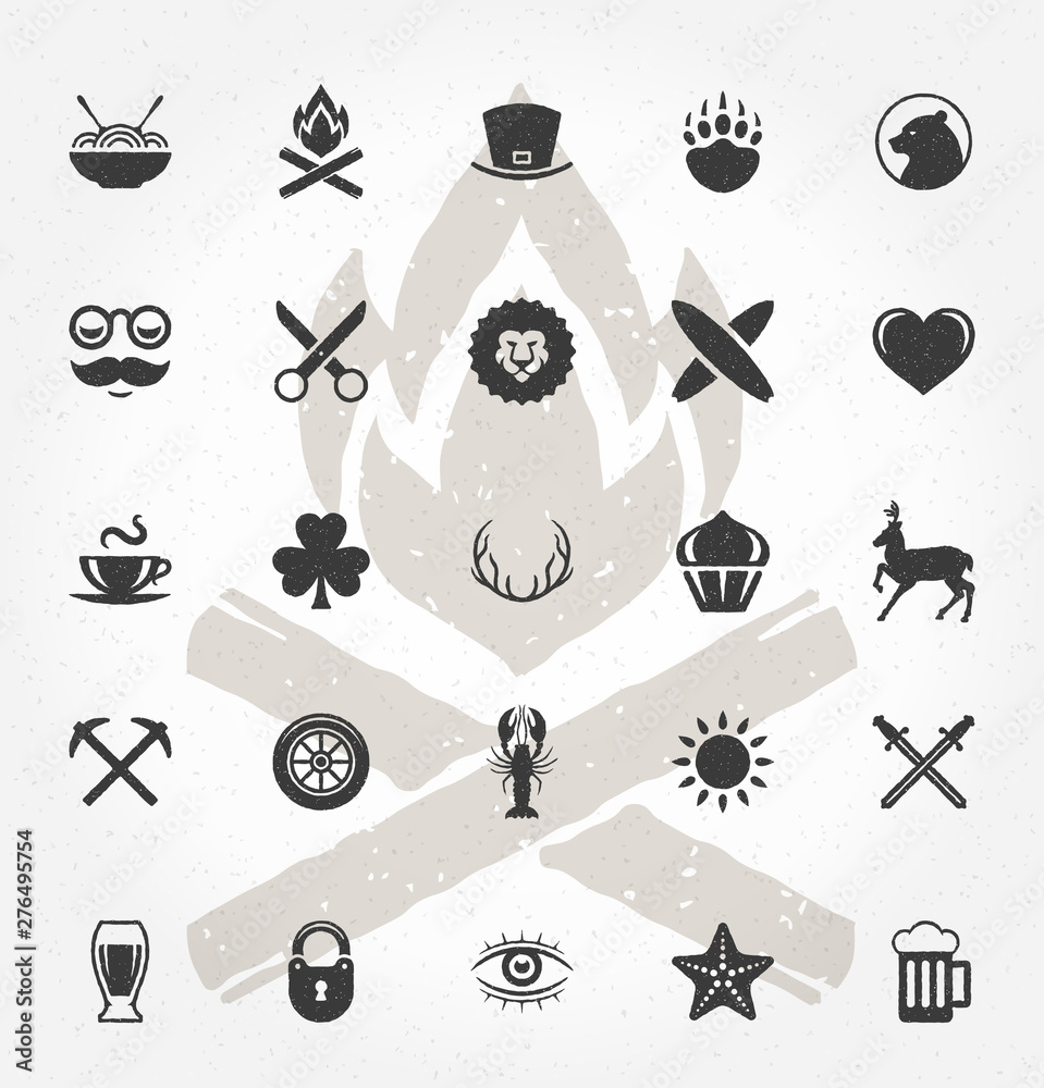 Retro hand drawn objects and icons vector designelements set signs and ...