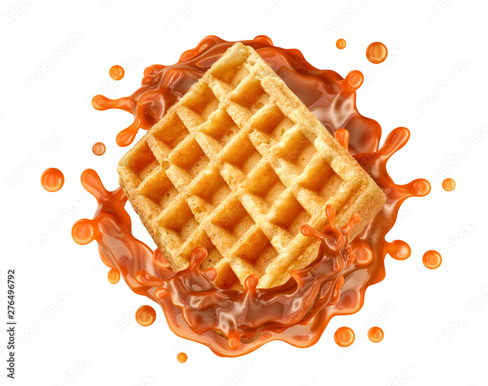 Liquid sweet caramel sauce 3D swirl splash twisted with square caramel ...