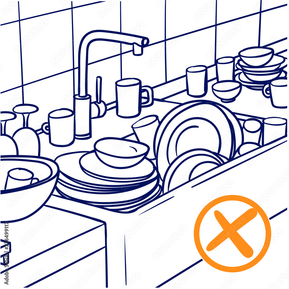 Vector drawing of a messy kitchen and sink. outline drawing blue ...