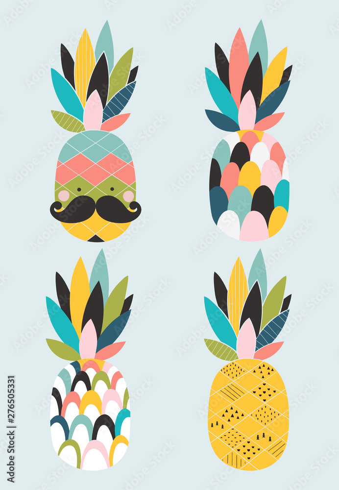 Poster with four stylized pineapples. Vector illustration in a ...