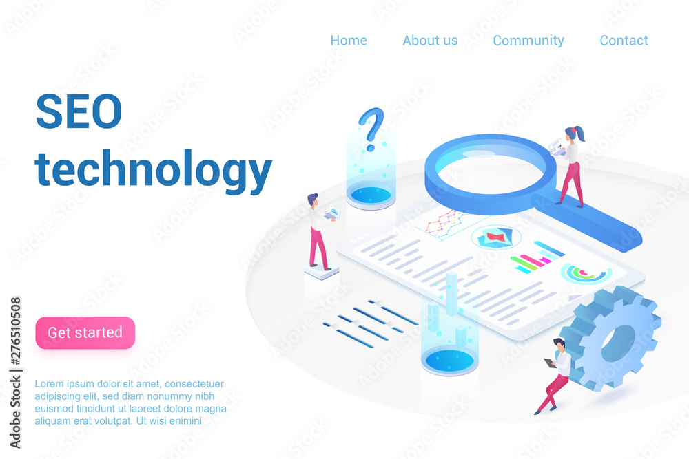SEO technology landing page isometric vector template. Analysts team ...
