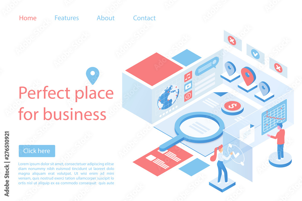 Marketplace landing page isometric vector template. Business, market ...