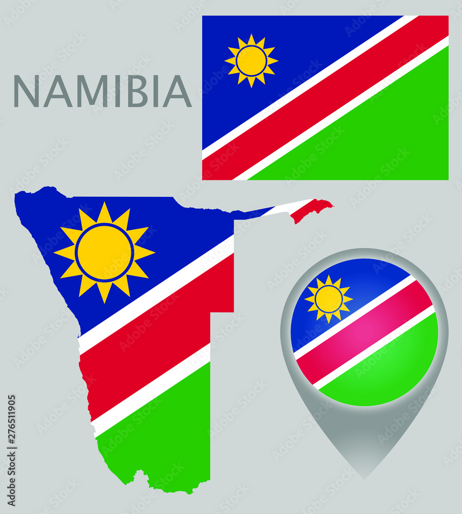 Colorful flag, map pointer and map of Namibia in the colors of the ...