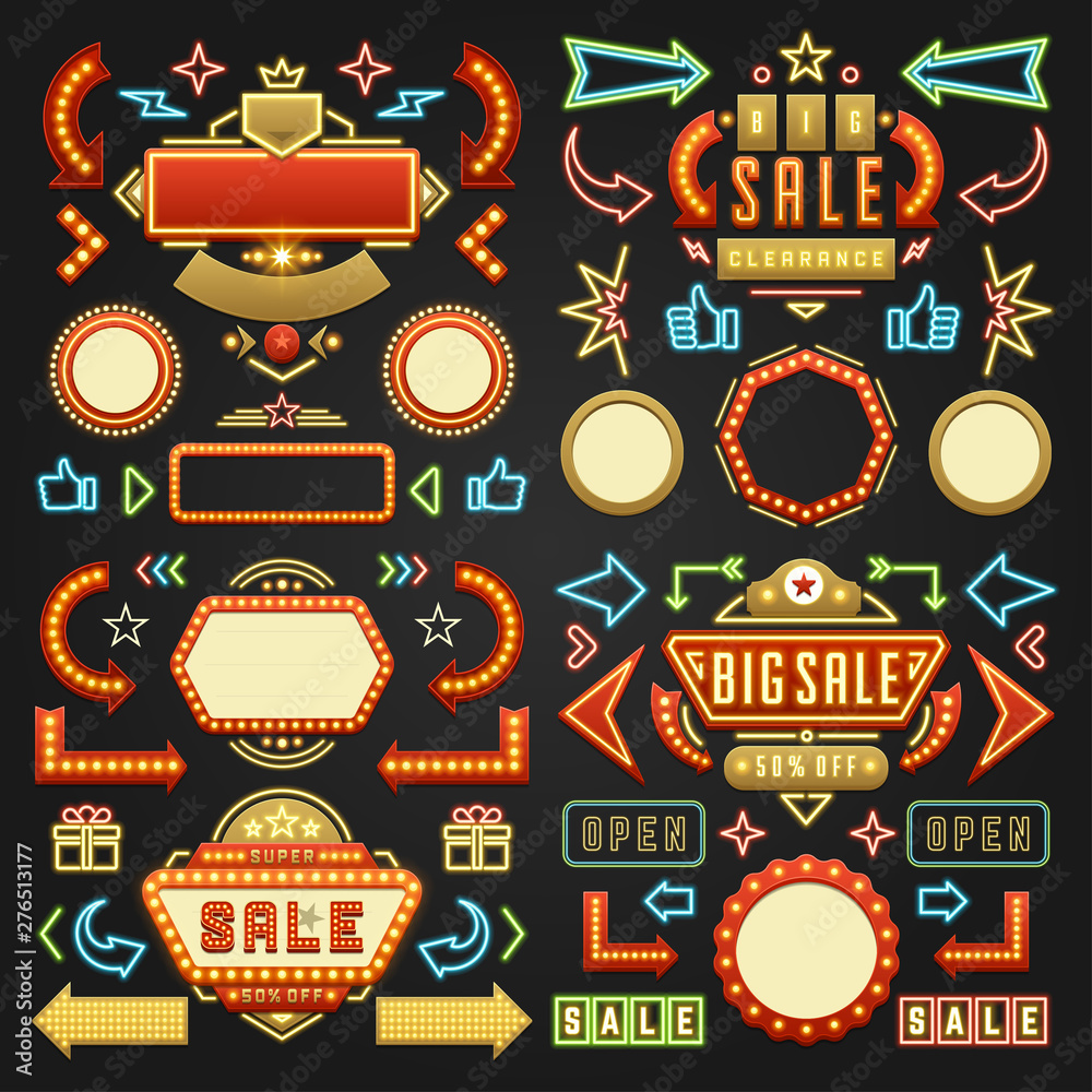 Retro showtime signs design elements set billboard signages light bulbs ...