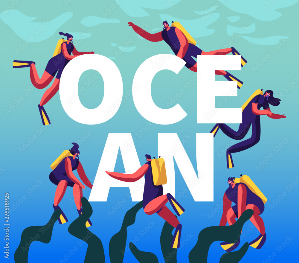 Divers in Ocean Concept. Snorkeling Male and Female Characters ...