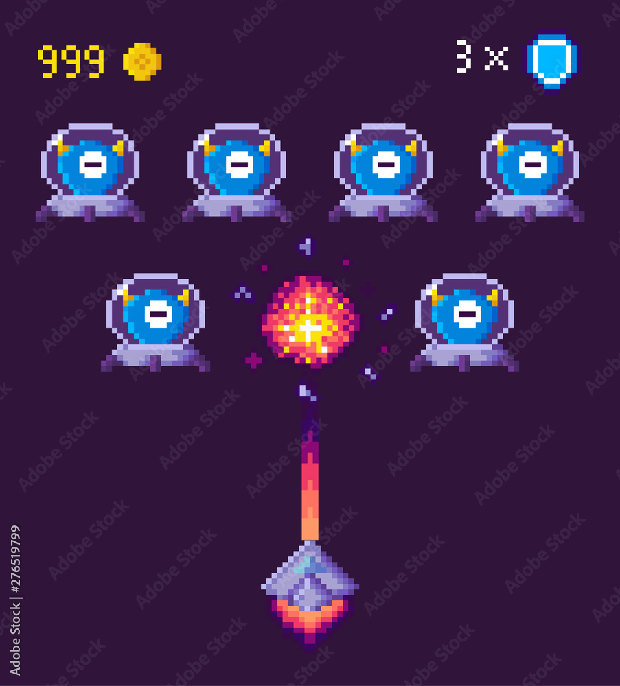 Spaceship and ufo aliens fight pixel game vector. Pixelated characters ...