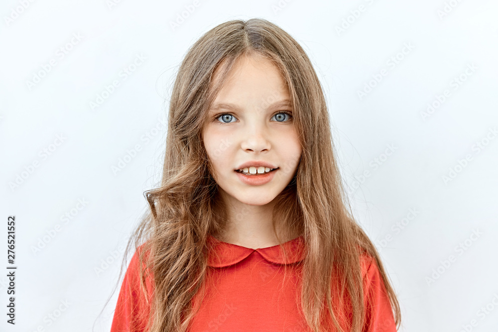 Beautiful child girl portrait against white background. Stock Photo ...