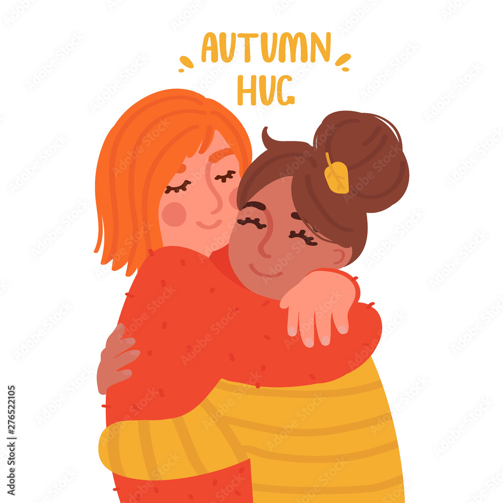 Two cute girls hugging. Cartoon style characters. Vector illustration ...
