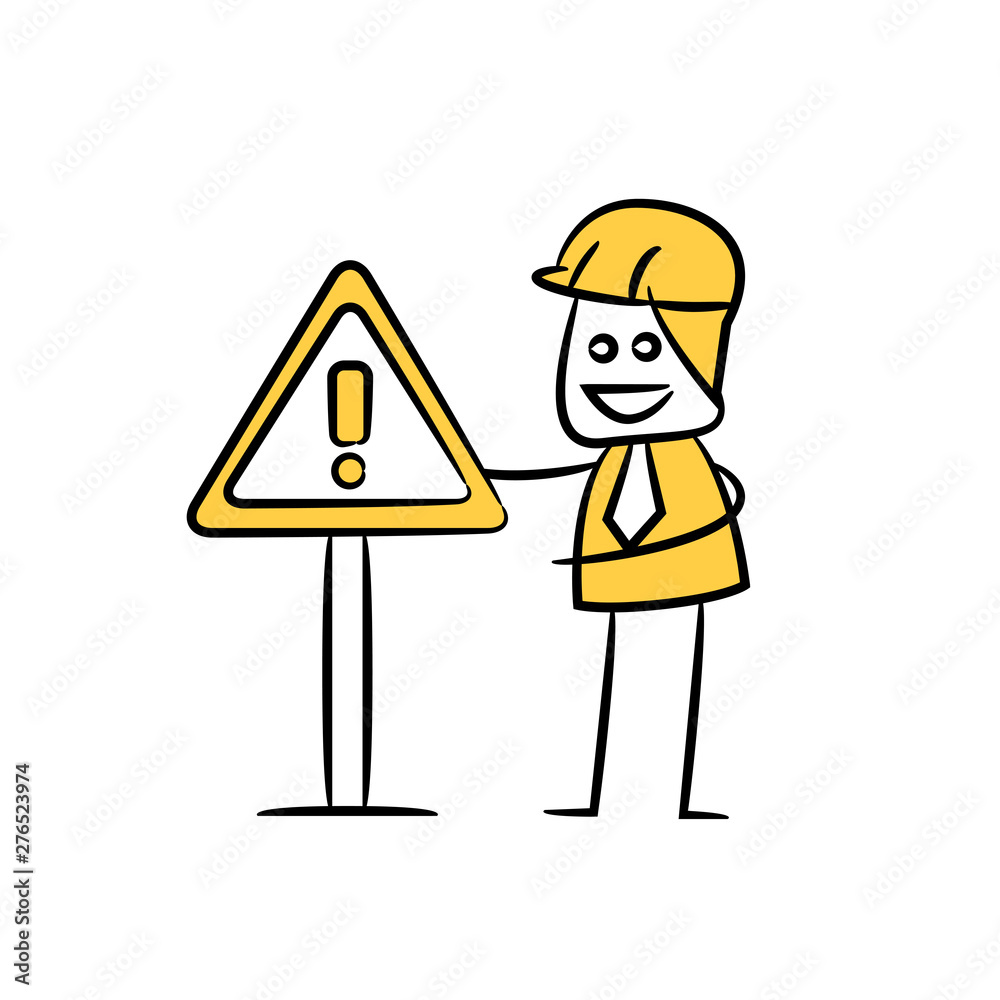 engineer holding warning signage icon stick figure yellow theme Stock ...