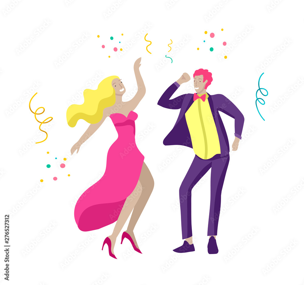 Group of smiling young people or students in evening dresses and ...