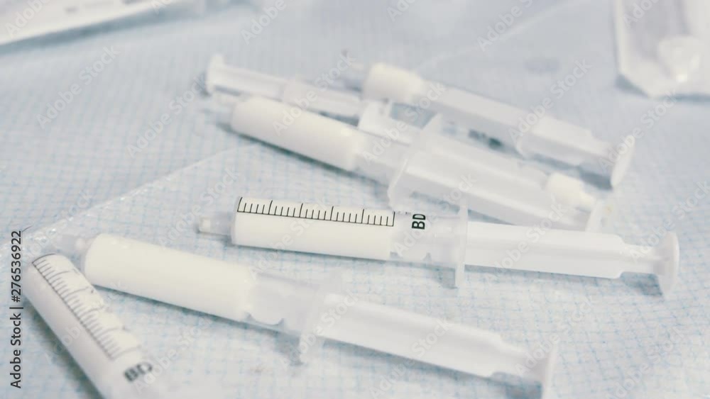 Medical vaccination syringes in a emergency ward, sliding in shot Stock ...