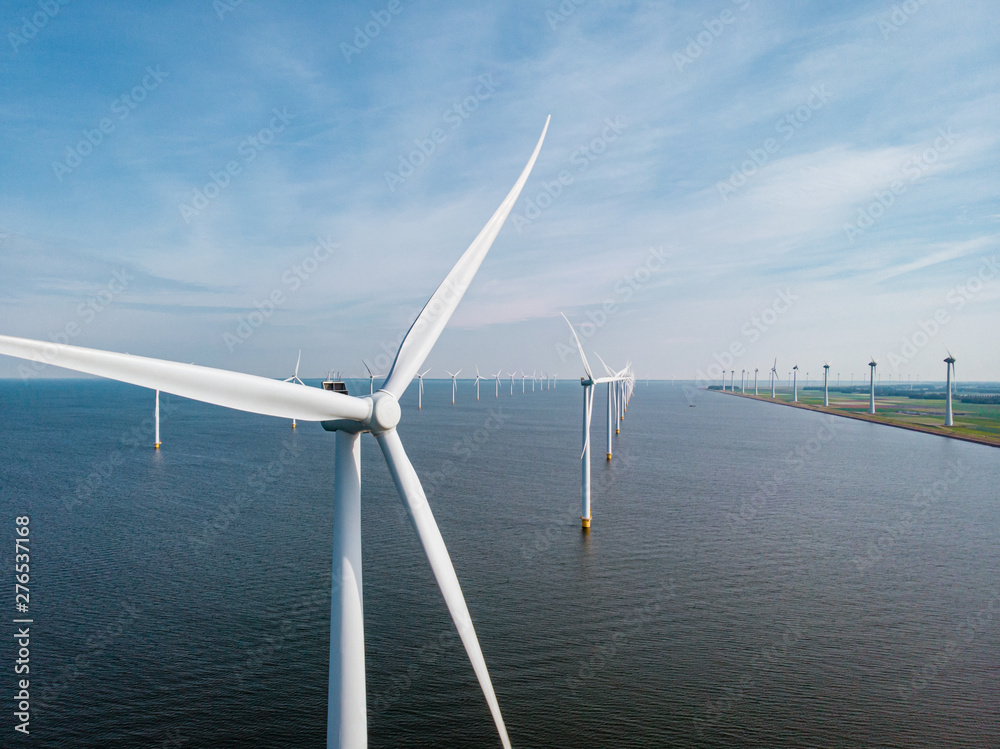 windmill farm renewable enrgy, green energy with windmill park in ocean ...