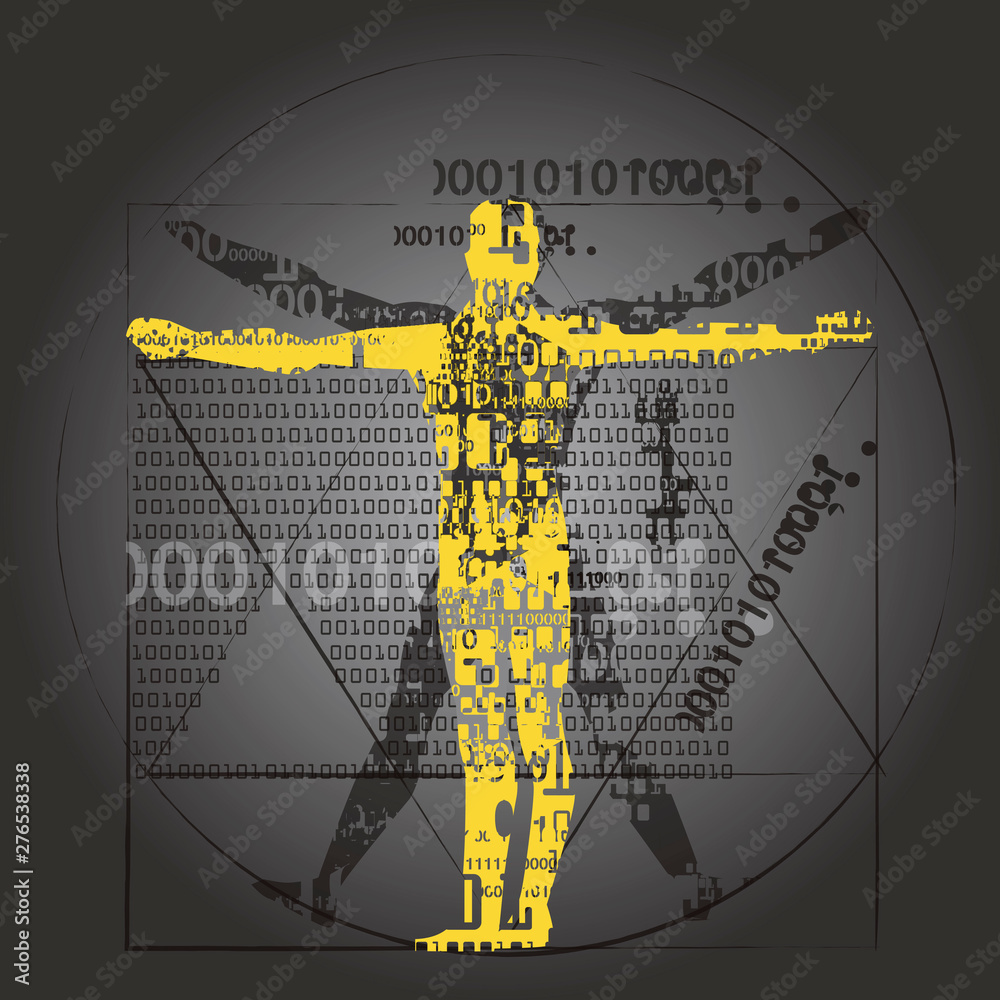 Vitruvian man of computer age. A grunge stylized yellow silhouette of vitruvian man with a ...
