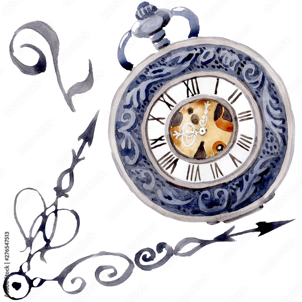 Vintage old clock pocket watch. Watercolor background illustration set ...