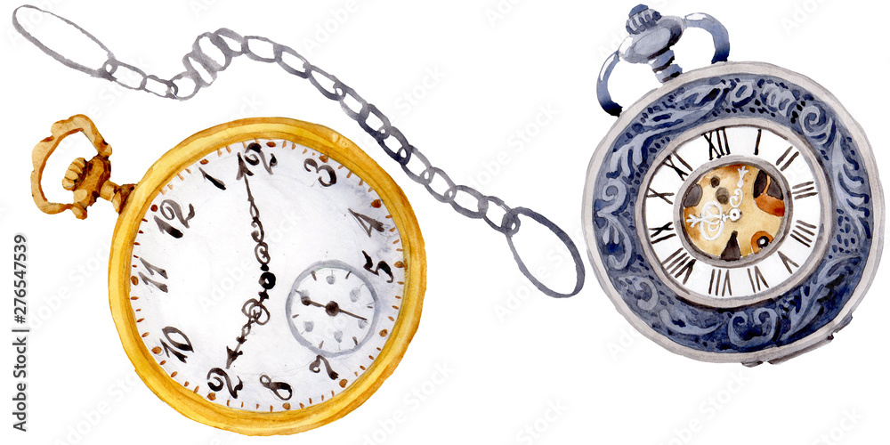 Vintage old clock pocket watch. Watercolor background illustration set ...