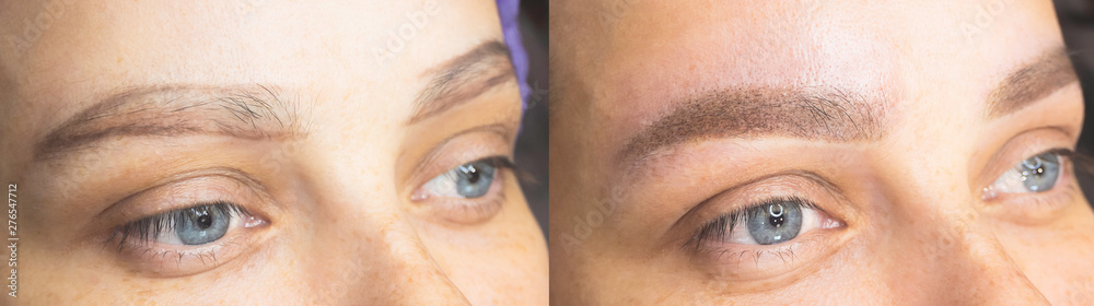 female eyebrows before and after the procedure of permanent tattoo ...