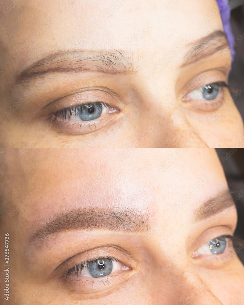 female eyebrows before and after the procedure of permanent tattoo ...