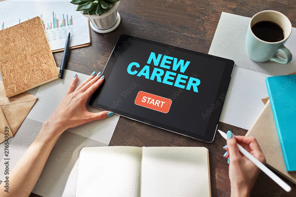 Start new career button on device screen. Recruitment and personal ...