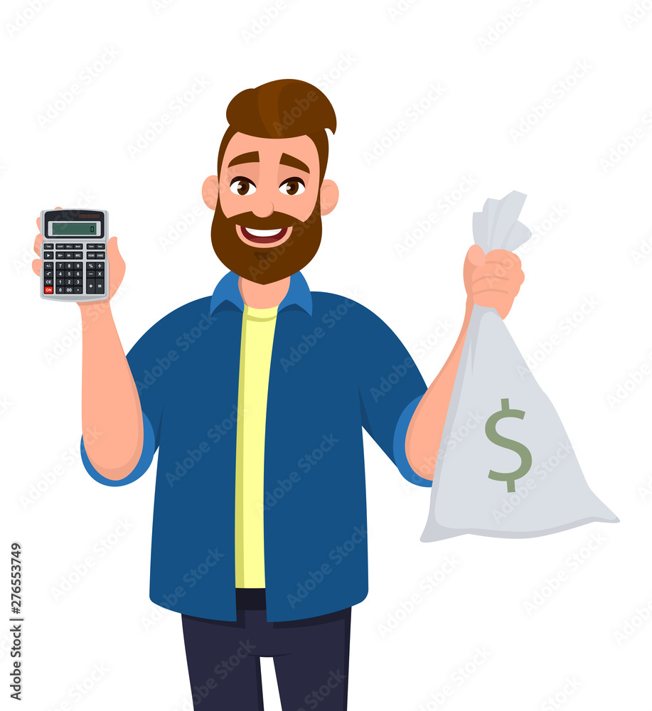 Cheerful man showing or holding digital calculator device and cash ...