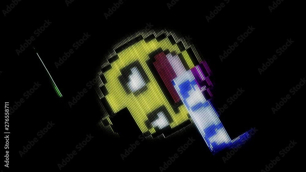 Abstract rotating smile, holographic symbol on digital old tv screen ...