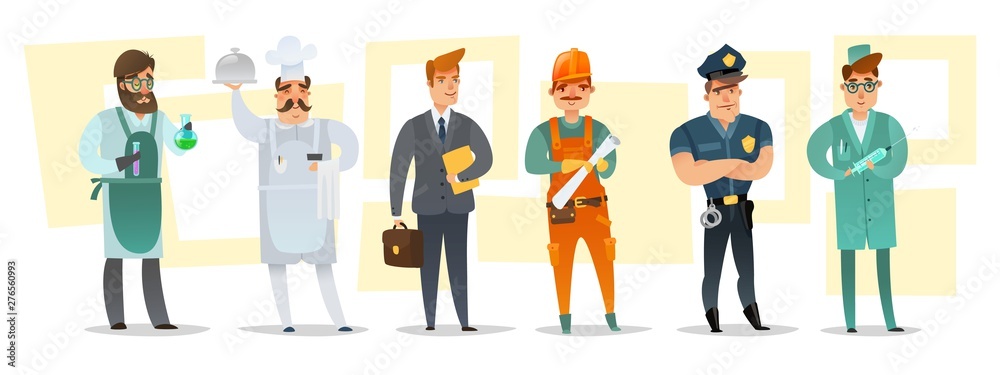 cartoon different professions male characters horizontal illustration ...