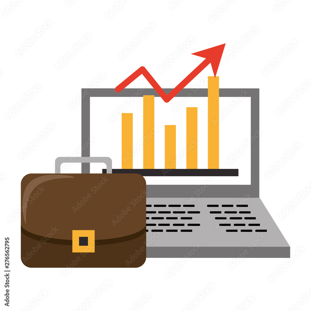 Laptop with statistics growing and briefcase symbols Stock Vector ...