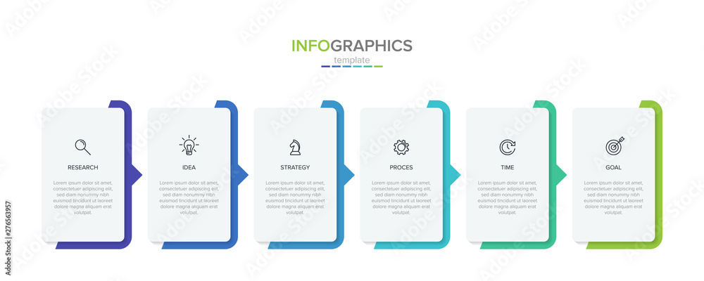 Concept of arrow business model with 6 successive steps. Six colorful ...
