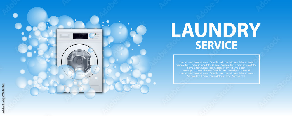 Laundry service poster or banner. Washing machine front loading ...
