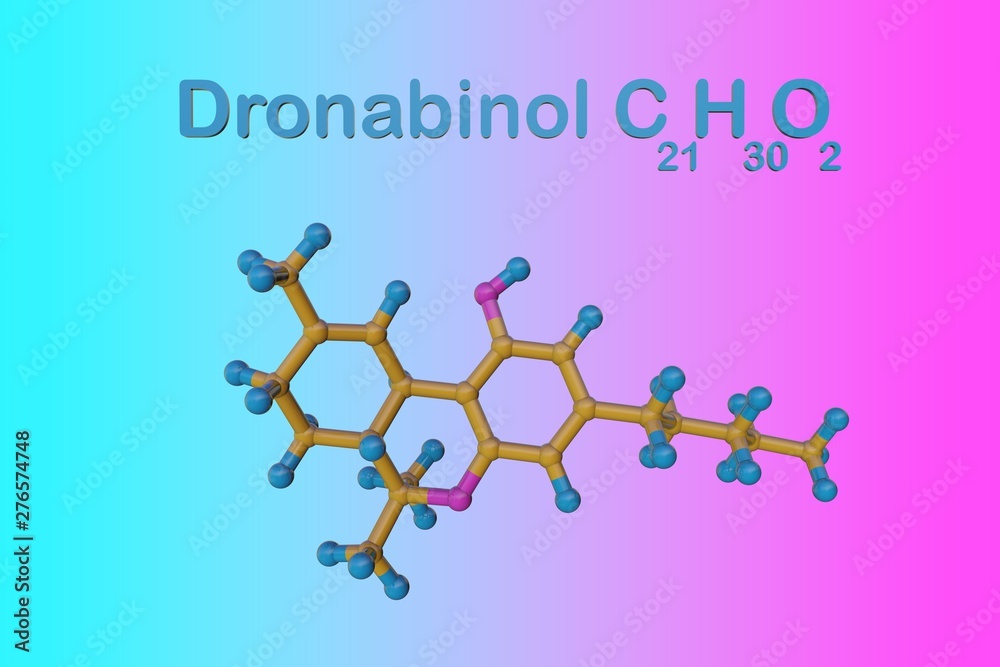 Structural chemical formula and molecular model of dronabinol. It is a ...