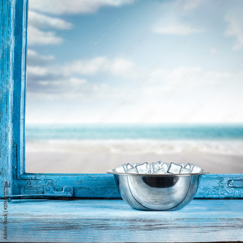 Blue retro old window sill with free space for your product. Cold wet ...