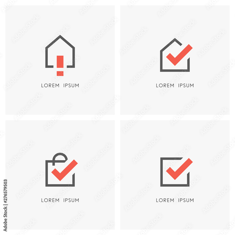 House and exclamation point, home and check mark, checkbox and shopping ...