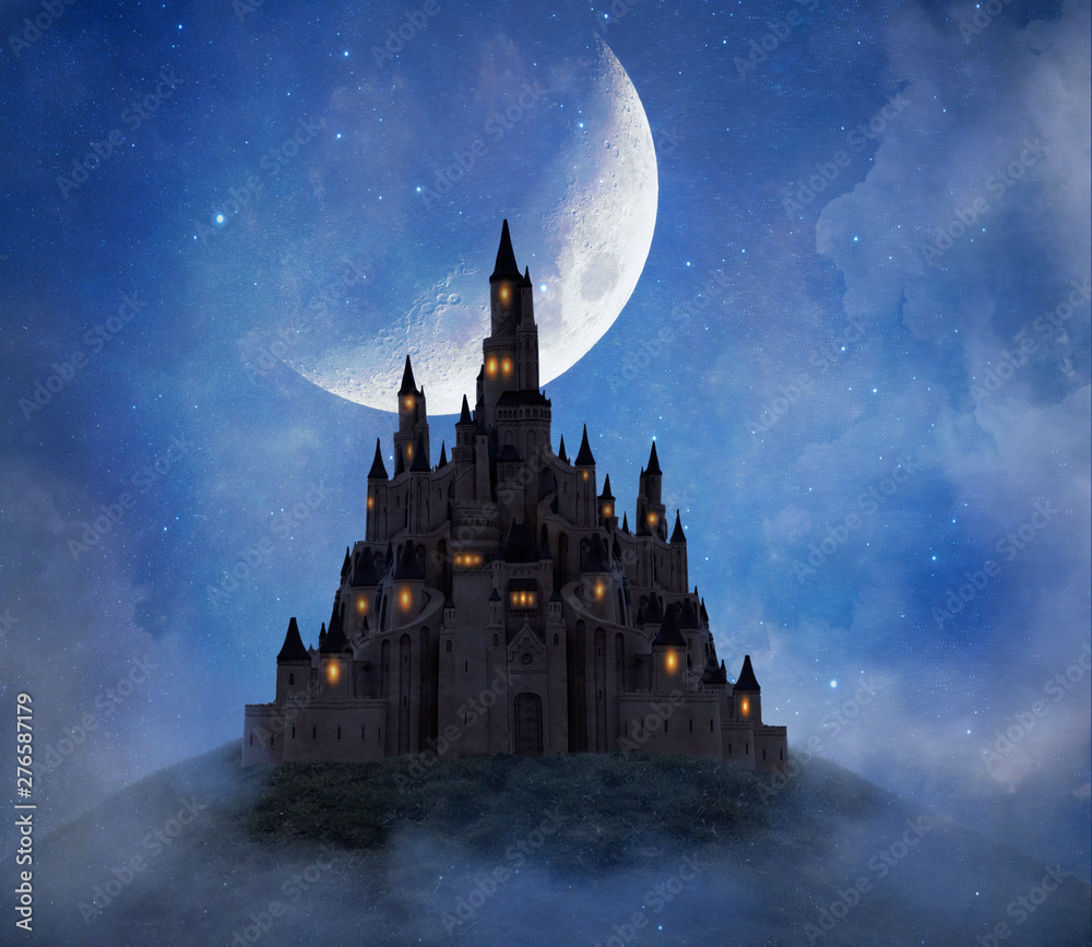 antasy castle on the mountain with a big moon. 3D rendering Stock ...