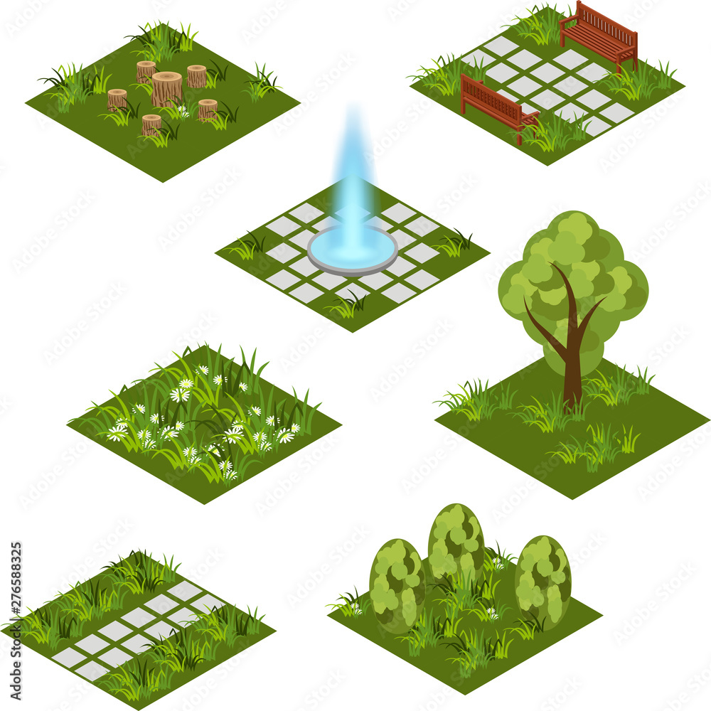 Garden isometric tile set. Isolated isometric tiles to design garden ...