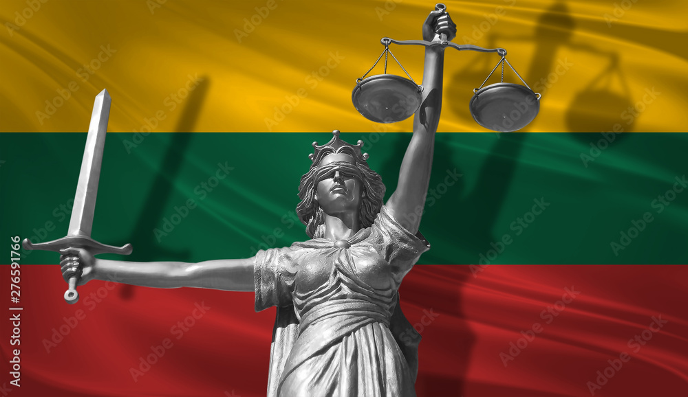 Cover about Law. Statue of god of justice Themis with Flag of Lithuania ...