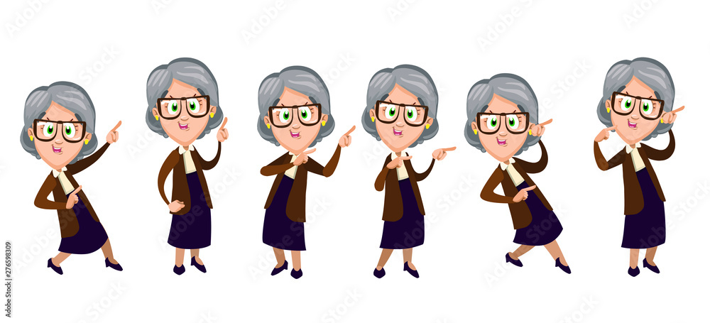 Set with friendly elderly woman in brown knitted jacket and skirt ...