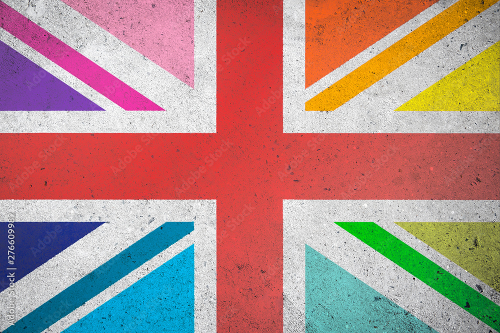 Union Jack UK flag with LGBTQI gay pride rainbow colored panels on a ...
