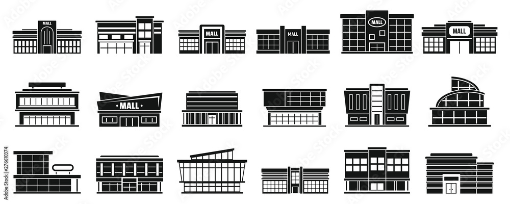 Mall building icons set. Simple set of mall building vector icons for ...