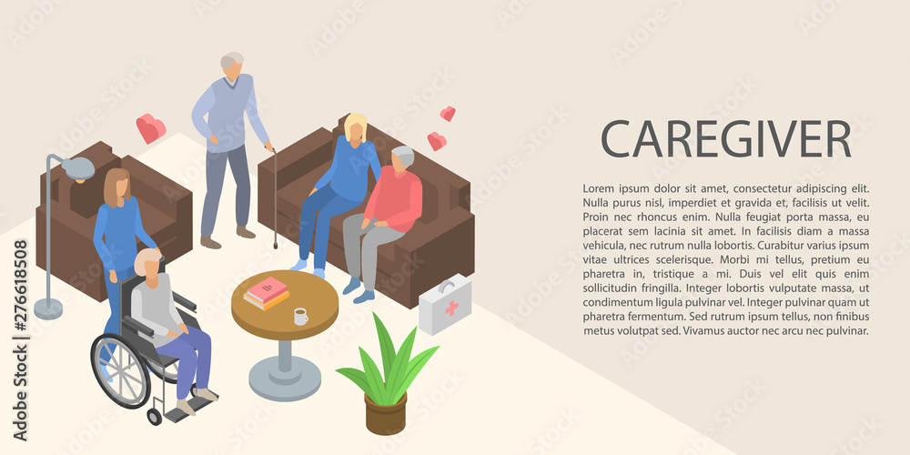 Caregiver concept banner. Isometric illustration of caregiver vector ...