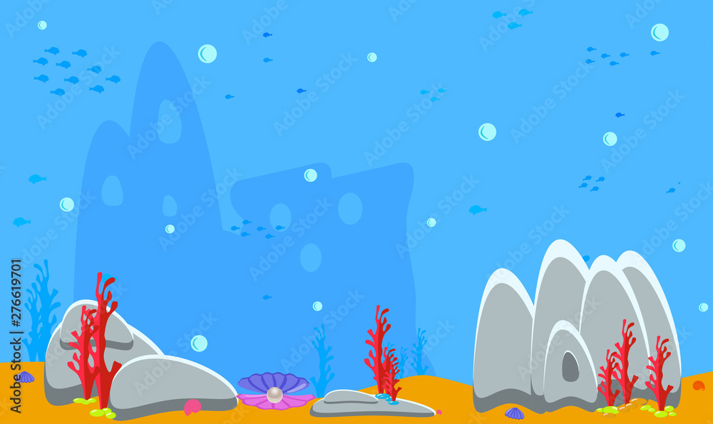 Baby Shark background. Blue underwater landscape with fishes, coral ...