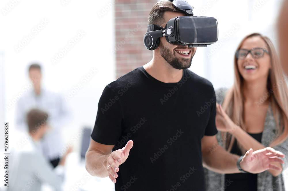 Digital Screen with young people using a virtual reality headset Stock ...