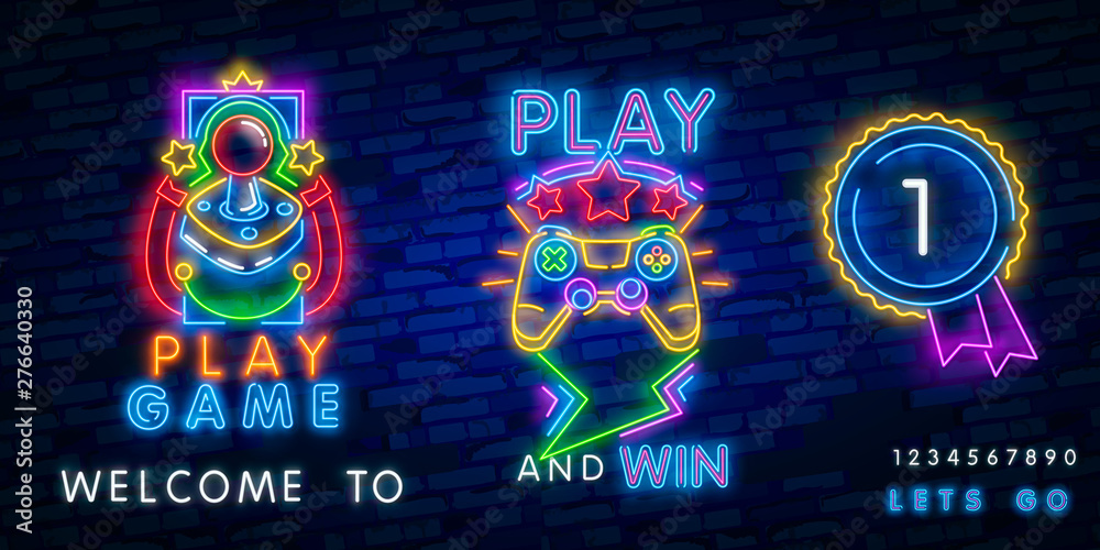 Vetor do Stock: Big set neon sing. Game room label and logo. Gamer ...