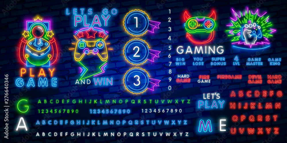 Vecteur Stock Big set neon sing. Game room label and logo. Gamer banner ...