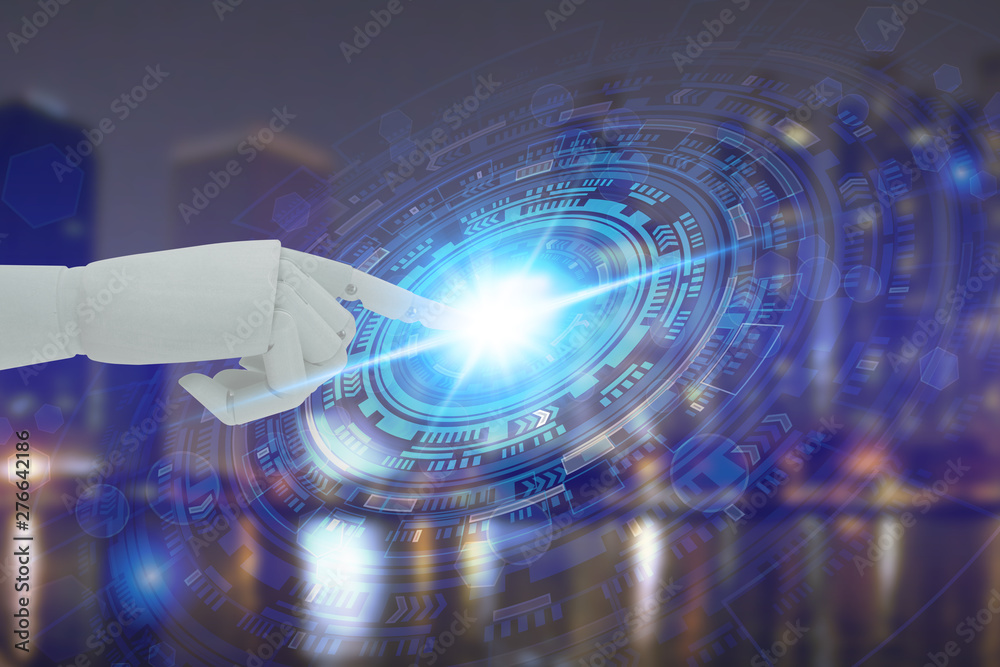 Robot hand touching virtual screen technology, Artificial Intelligence Technology Concept. Stock ...